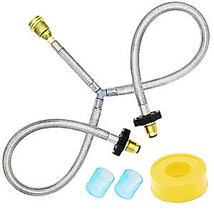 Upgrade Stainless Braided Y-Splitter Dual Propane Tank Converter Adapter Hose Connection Kit Two Way Propane Splitter POL Inlet&POL/QCC1 Regulator Exit Connect 5-100LBS Cylinder Tank for Grill, Heater
