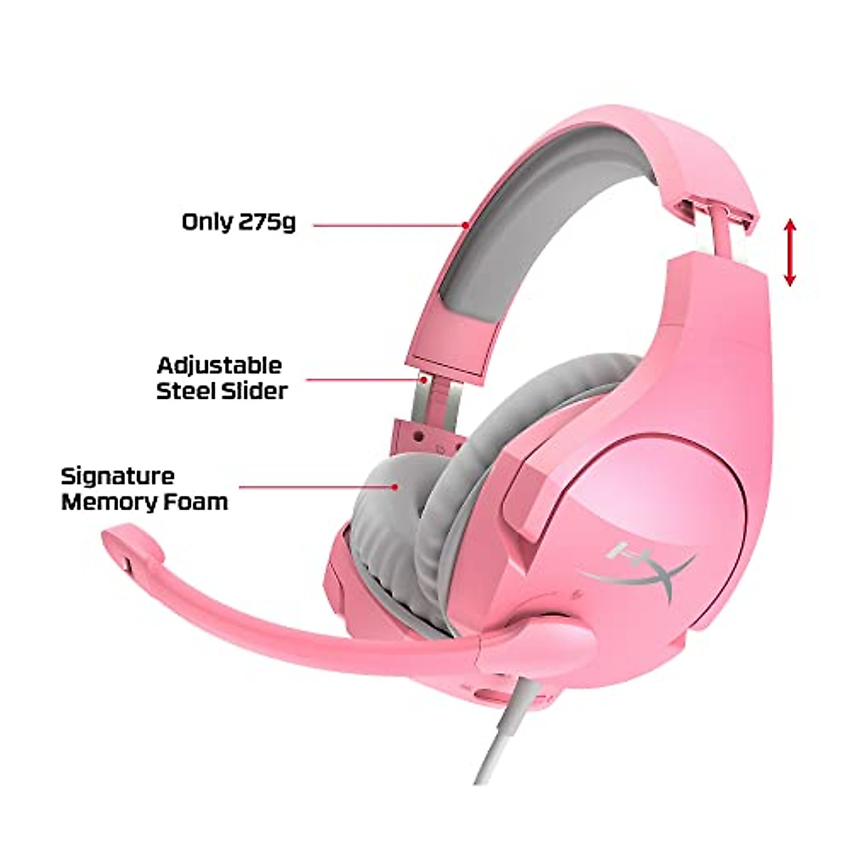 HyperX Cloud Stinger – Gaming Headset, Memory Foam, Soft Leatherette, Durable Steel Sliders, Swivel-to-mute Noise-Cancelling Microphone, Works on PC, PS4, PS5, Xbox and Mobile – Pink