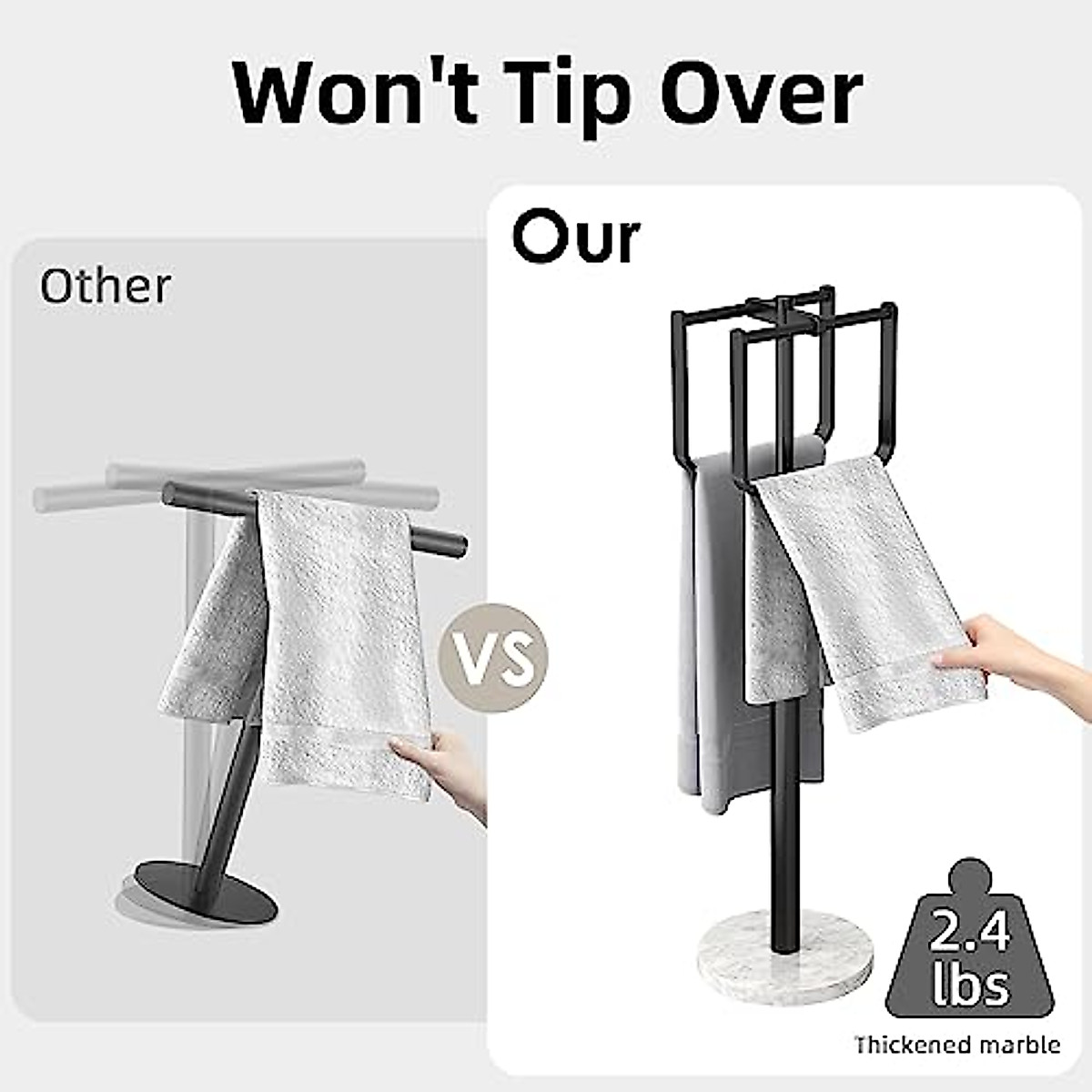 Marble Hand Towel Holder Stand with 2 Hanging Ring for Bathroom Kitchen Countertop, Stainless Steel Free-Standing Towel Rack with Marble Base, Matte Black