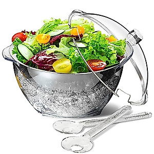 INNOVATIVE LIFE Large Salad Bowl with Ice Chiller Base and Lid, Kitchen Refrigerated Veggie Tray with Two Long Spoons, Party Platters for Food, Clear