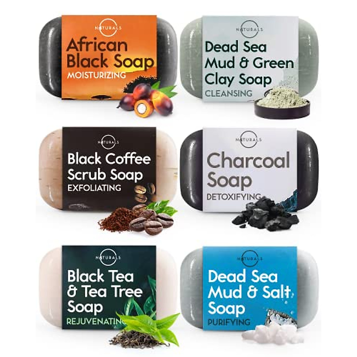 O Naturals 6 PCS Black Soap - Women & Men's Bar Soap, Men's Soap Bar, African Black Soap w/Moisturizing Shea Butter, Charcoal Soap Helps Acne Prone Skin, Organic & Natural Soap for Men & Women, 4oz