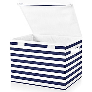 YETTASBIN Navy Blue Stripes Storage Basket with Lid and Handles, Large Collapsible Fabric Storage Bins Sturdy Storage Organizer for Shelves, Closet, Bedroom, School, Office, Home Decor