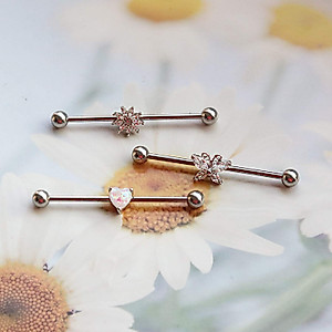 CHARM ONLINE 3PCS 14G Butterfly Flower Stainless Industrial Barbell Sparkly CZ Ear Industrial Piercing Bar for Women Men