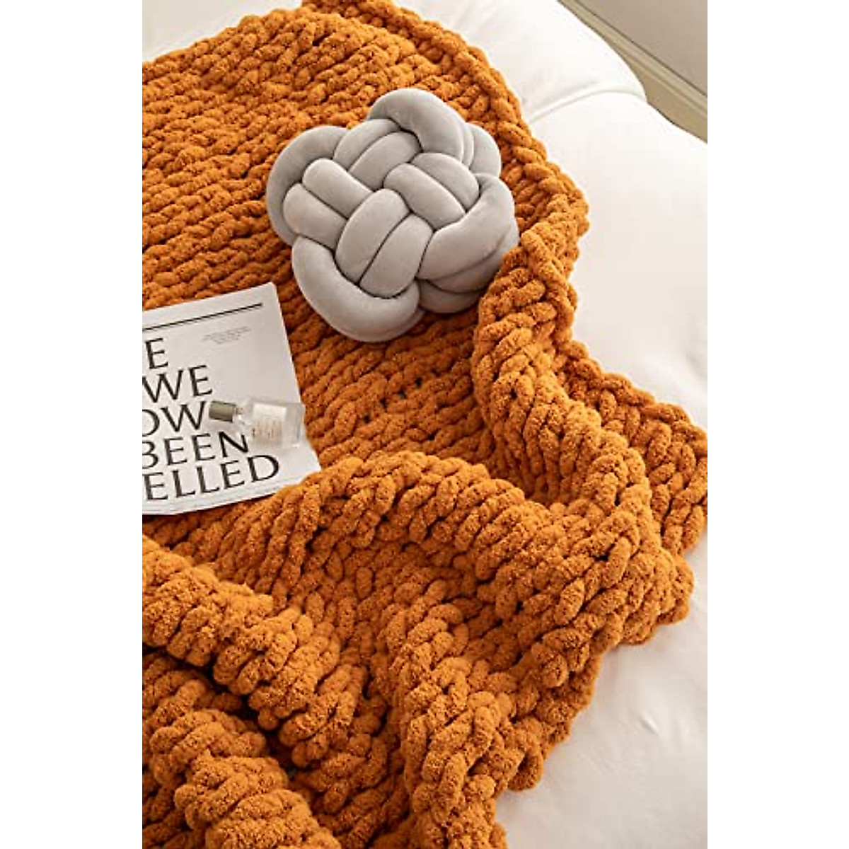 Chunky Knit Blanket Soft Chenille Yarn Knitted Throw Blanket 50"X60" Handmade Cable Warm Thick Giant Blanket for Couch Bed Trips (Burnt Orange, Throw 50“x60”)