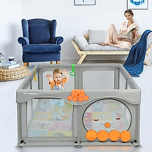 Addweet Baby Playpen for Babies and Toddlers, Cartoon Large Play Yard for Baby with Mat, Safety Playpen for Baby, Baby Play Area Indoor & Outdoor, Octopus, 50”×50” (Grey)