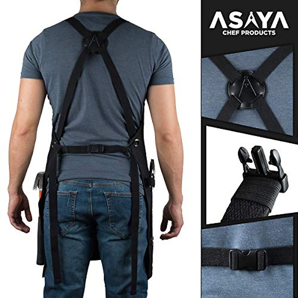 Asaya Chef, BBQ and Work Apron with Bottle Opener and Hand Towel - Durable 10oz Cotton Canvas, Brass Hardware and Cross Back Straps - For Men, Women, Grilling, and Cooking (Black)