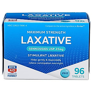 Rite Aid Maximum Strength Laxative, Sennosides USP Tablets, 25 mg, 96 Count | Constipation Relief Laxative Extra Strength | Overnight Fast Acting Laxative | Fiber Supplement & Stool Softeners Softgels