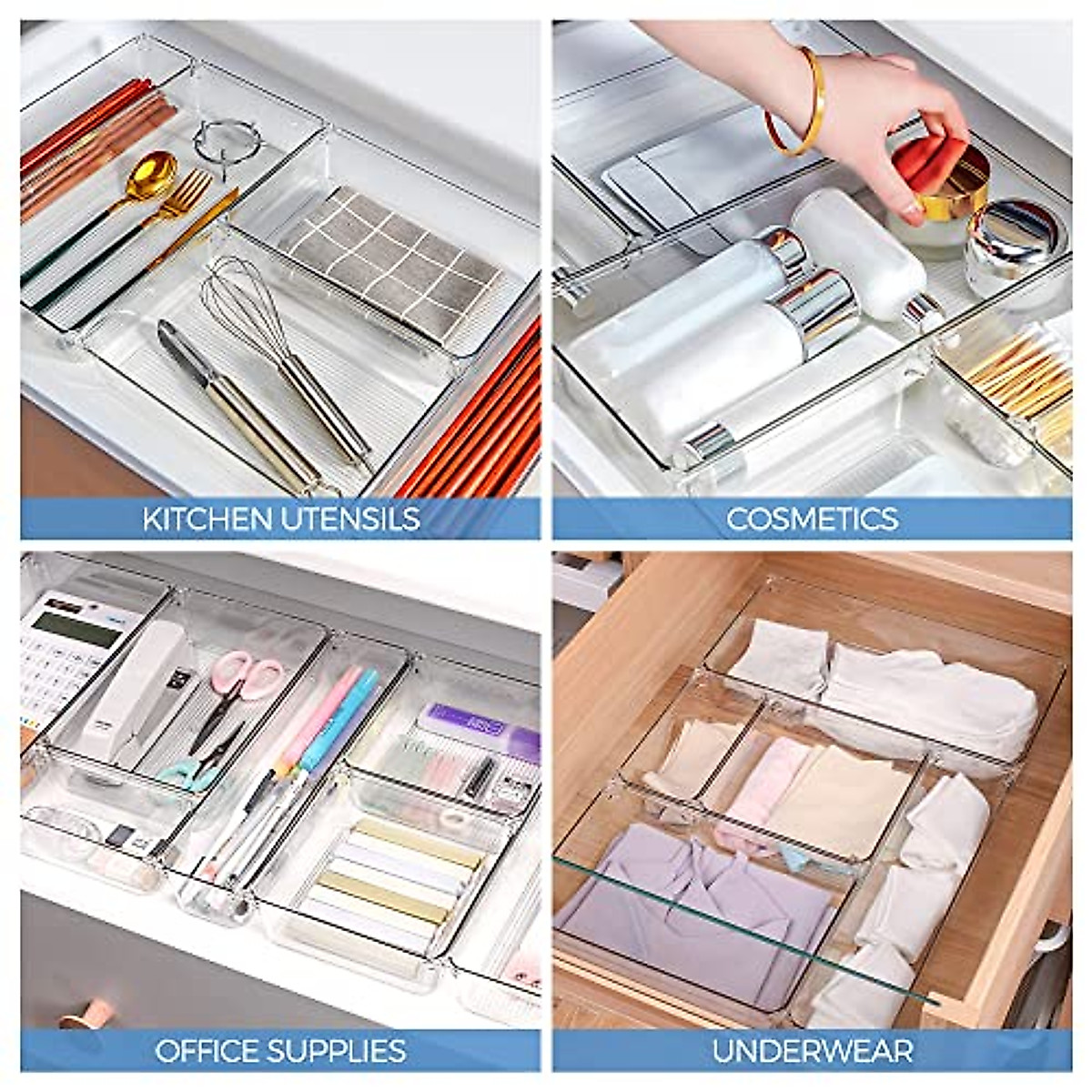 Ravinte 13 PCS Drawer Organizer Plastic Storage Bins, 5 - Size Kitchen Drawer Organizer with Non-Slip Pads Clear Desk Storage Tray for Makeup, Jewelries, Kitchen Utensils and Office