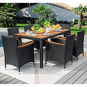 Flamaker 7 PCS Outdoor Patio Dining Set, Outdoor Patio Furniture Set, Rattan Chairs with Large Wood Table for Garden and Yard