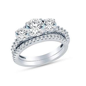 Solid 14k White Gold CZ Cubic Zirconia 3 Three Stone Bridal Engagement Ring w/Matching Wedding Band Two Ring Set - Round Brilliant Cut Solitaire with Round Side Stones (3.0cttw, 1.0ct. Center)