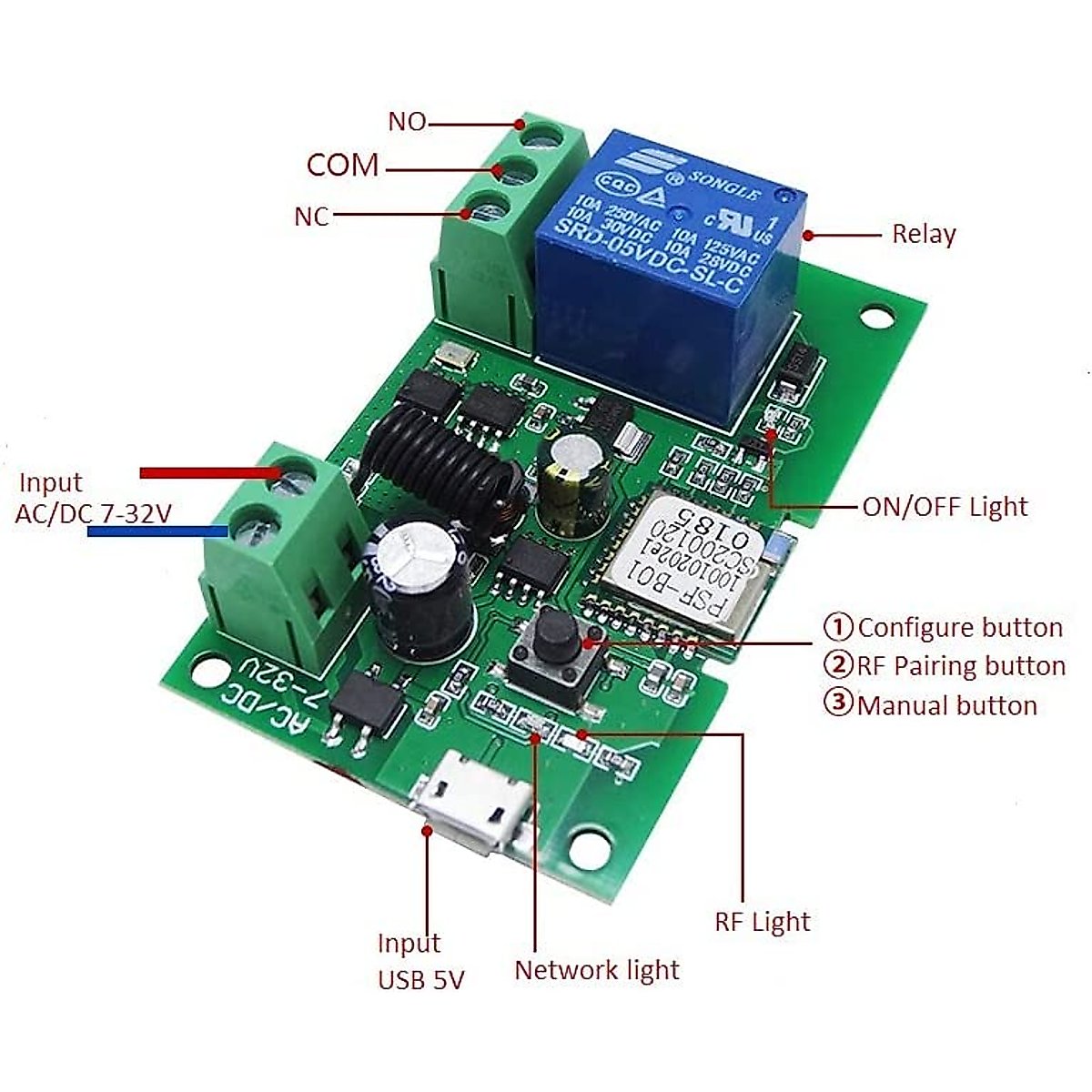 MHCOZY Updated WiFi Wireless Smart Switch Inching Self-Locking Relay Module,Set Inching Time from 0.5 Second to 1 Hour,be Applied to Access Control,DIY WiFi Garage Door Opener (7-32V with 433Mhz RF)