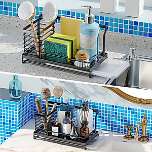 Nieifi Sink Caddy Organizer Countertop Sponge Brush Soap Holder with Drain Pan Stainless Steel for Kitchen Black