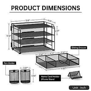 DALTACK 4-Trays Desktop File Organizer with Pen Holder，Letter Tray Paper Organizer with Drawer and Pen Holders, Black Mesh Office Supplies File Holder，Desk Organizer for Office School Home