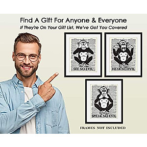 3 Wise Monkeys Dictionary Wall Art Prints: Unique Room Decor for Boys, Men, Girls & Women - Set of Three (8x10) Unframed Pictures - Great Gift Idea