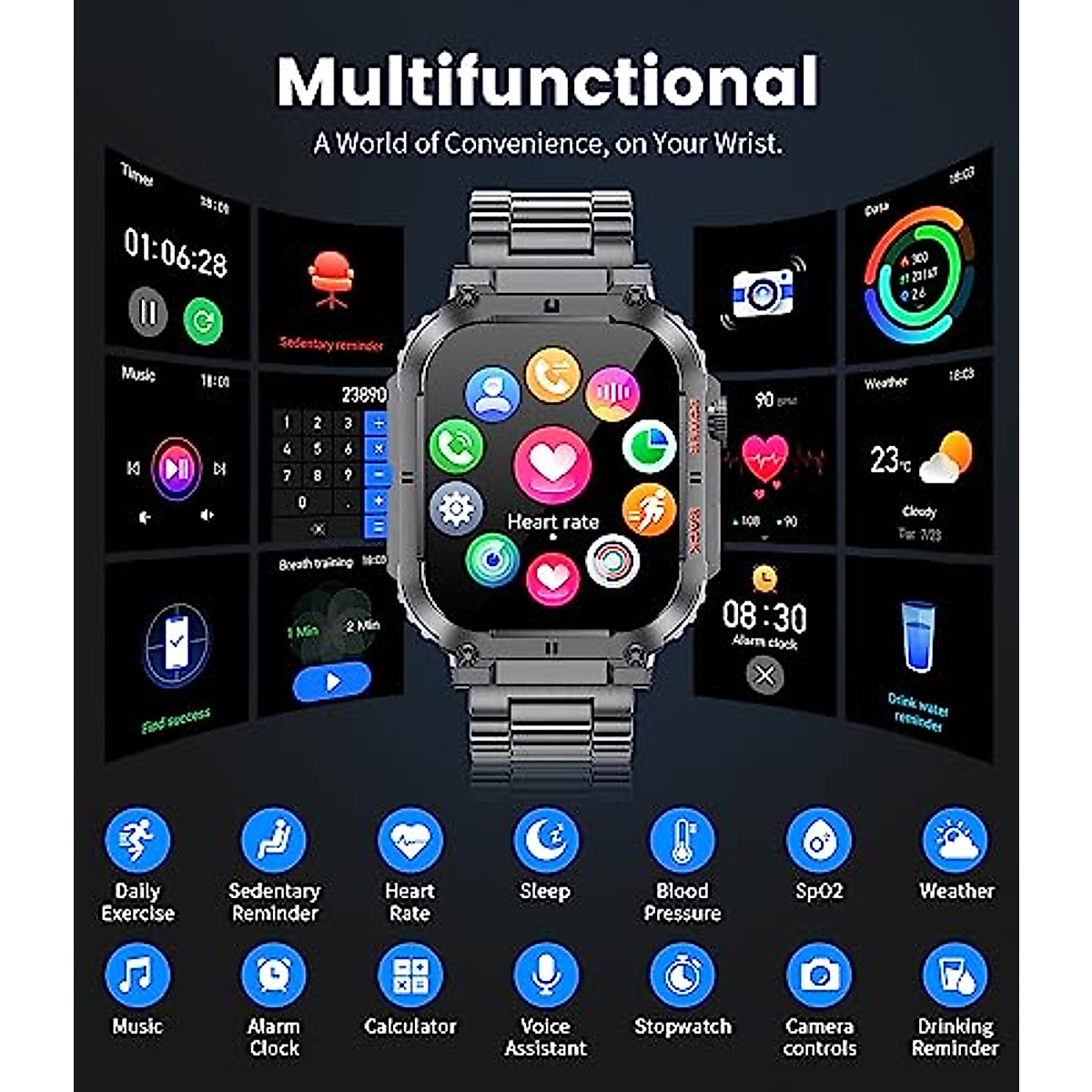 Smart Watch for Men Bluetooth Make Calls with 1.96in Big Screen 400mAh Long-Lasting Battery Message Reminder Voice Assistant IP68 Waterproof Rugged Sports Tracker Android iOS Stylish Men's Smartwatch