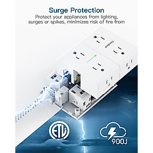 Power Strip Surge Protector with USB, 8 Widely Outlets 4 USB Ports Extension Cord with Flat Plug, 3 Sided Wall Outlets Extender USB Desktop Charging Station for Home Office Travel