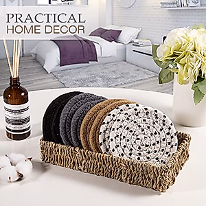 Coasters for Drink Absorbent, Handmade Woven Coasters Set of 8 with Seagrass Basket Holder, Heat-Resistant Coaster for Table Protection, Boho Fabric Coasters Suitable for Kinds of Cups