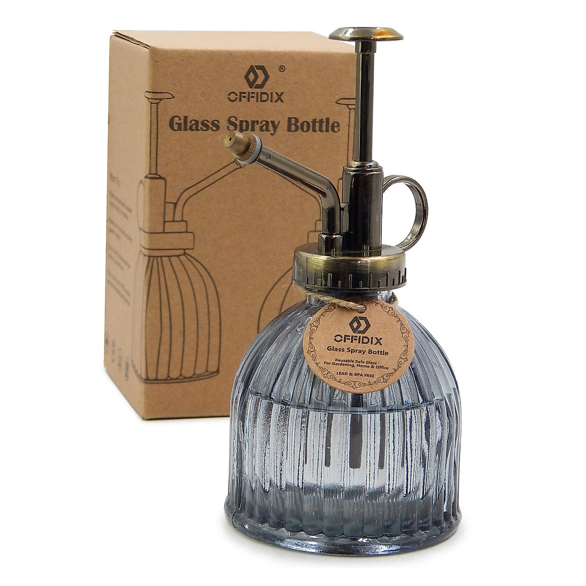 OFFIDIX Plant Mister Plant Water Spray Bottle, 6.3" Tall Vintage Style with Bronze Plastic Top Pump One Hand Glass Watering Can for Indoor Potted Plants Terrariums (Dark Gray)