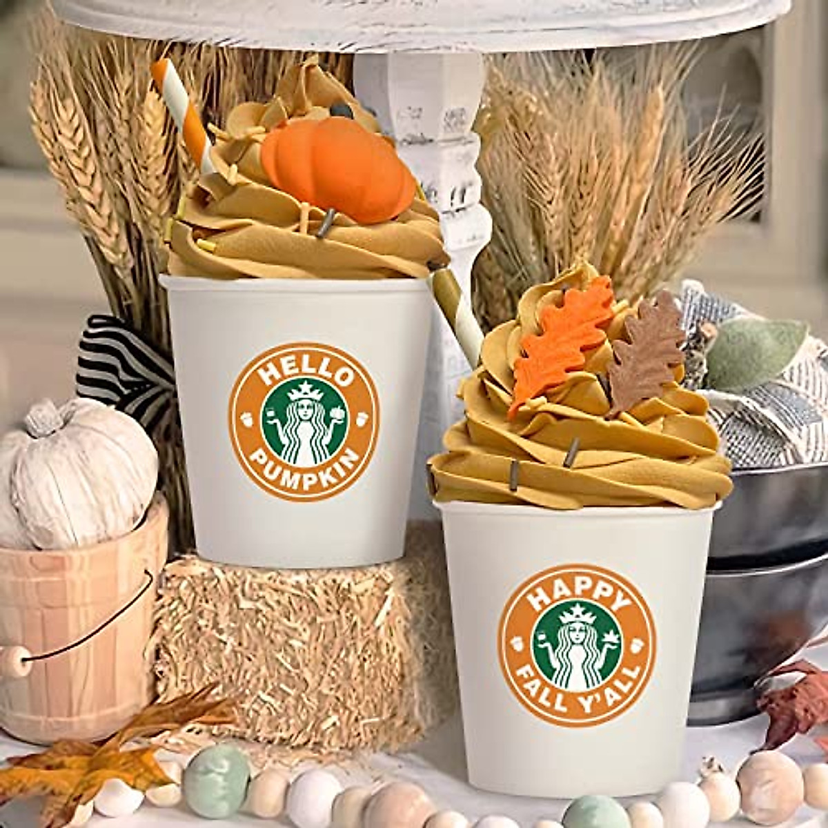 Fall Decor - Fall Decorations for Home - 2 Pack Mini Pumpkin Spice Latte Cups with Faux Whipped Cream - For Autumn Tiered Tray Thanksgiving Farmhouse Table - Gifts for Women Warming Gifts New Home