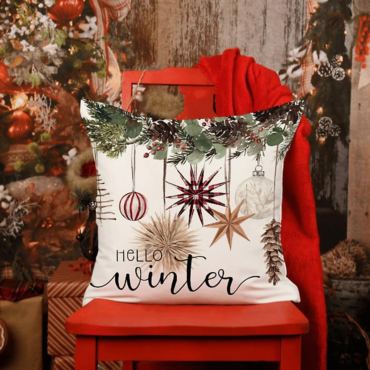 DFXSZ Christmas Pillow Covers 18x18 inch Set of 4 Christmas Tree Gloves Hello winter Decorative Red White Stripe Throw Pillow Covers Winter Farmhouse Decoration for Home couch 134