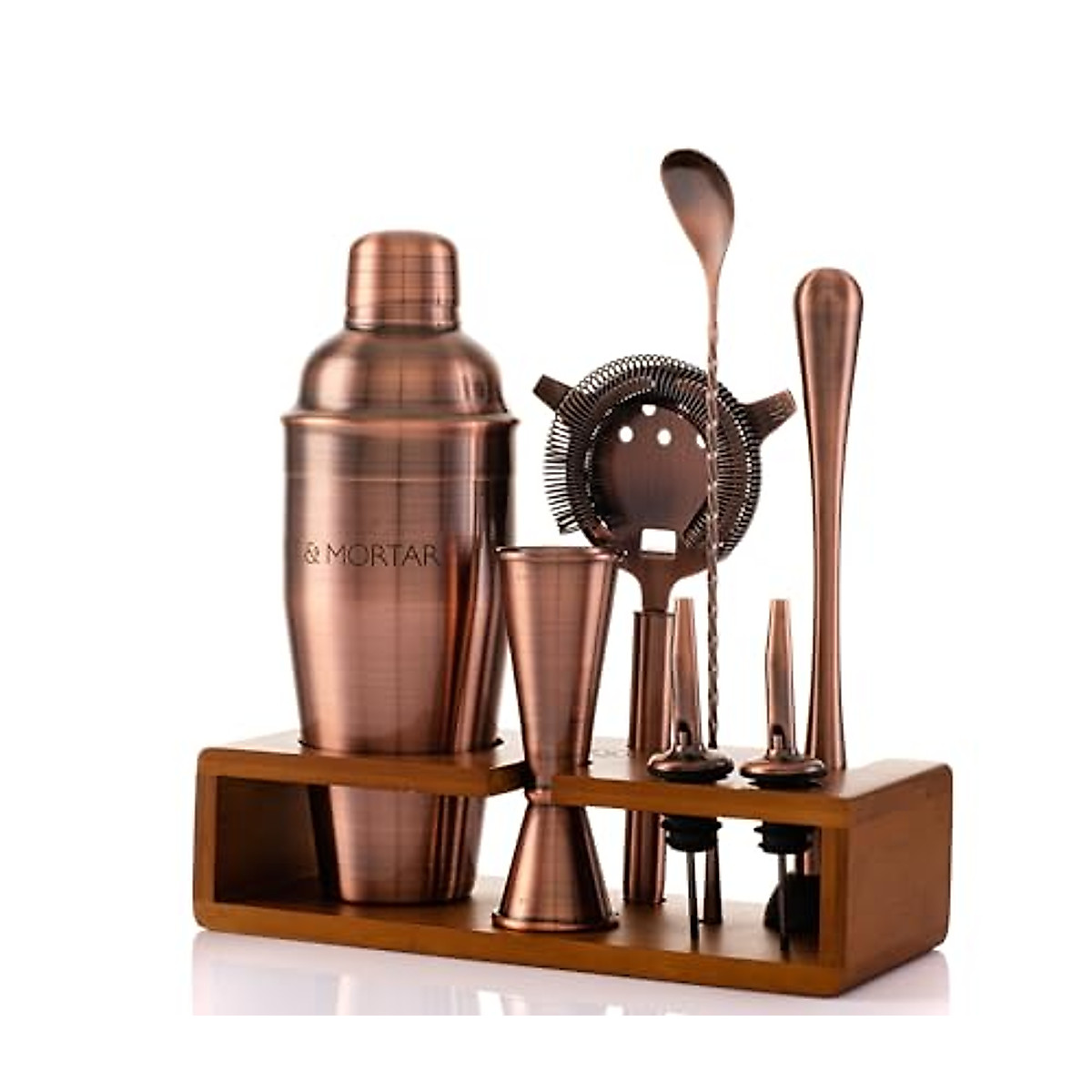 Mint & Mortar Cocktail Shaker Set, 7-Piece Bartender Kit with Stand, 24oz Martini Shaker Bottle Stainless Steel Bar Tools, Home Bar Accessories Drink Mixer, Barware Gift Set - Brushed Copper