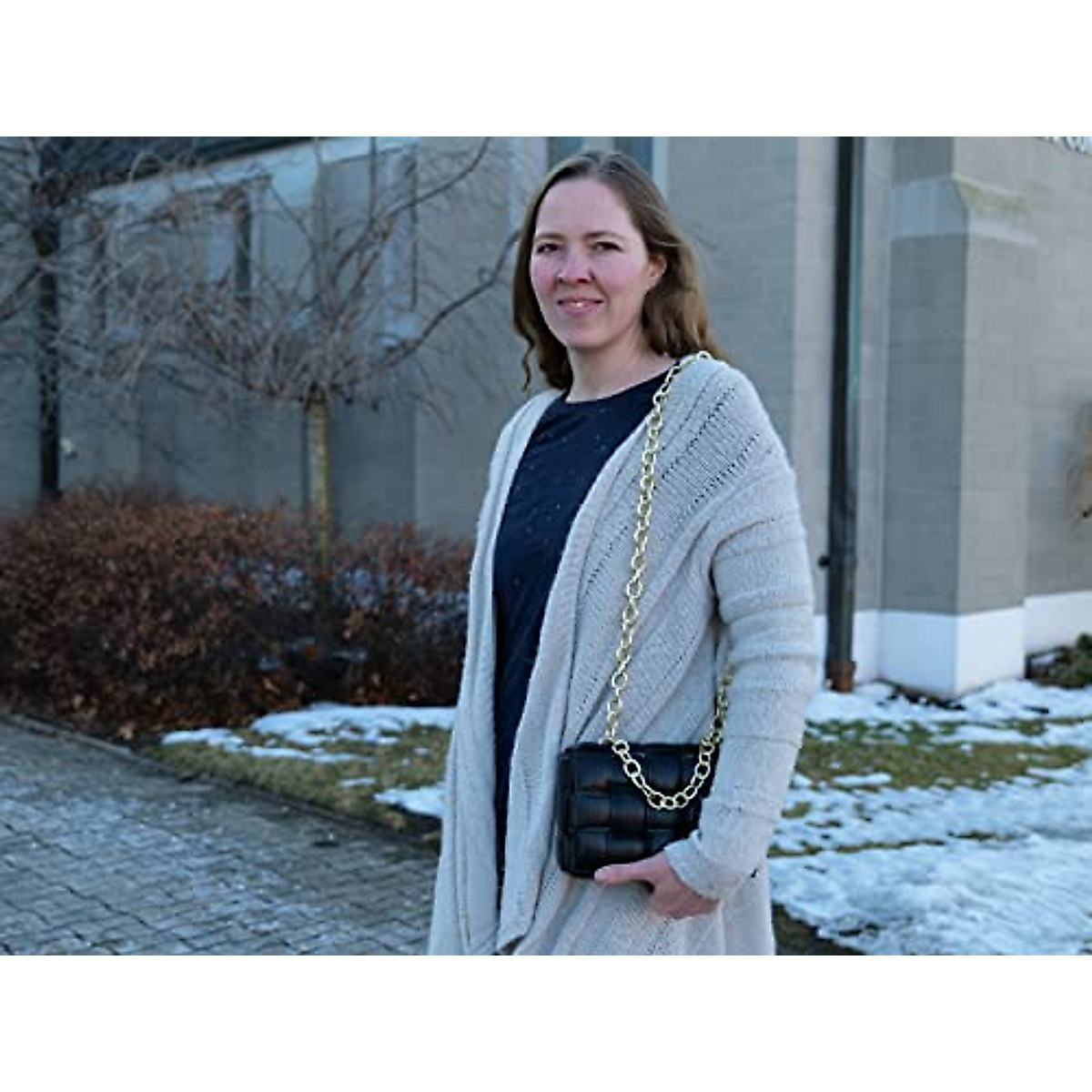 Bella Luna Woven Padded Cassette-Style Crossbody Handbag Purse for Women with Chain Bag (Black-Chain)