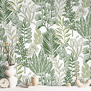 HeloHo Peel and Stick Wallpaper Green Leaf Floral Wallpaper for Bedroom Self Adhesive Removable Wallpaper Waterproof Contact Paper for Furniture Bathroom Dining Room Living Room Decor 16.1" X 118"