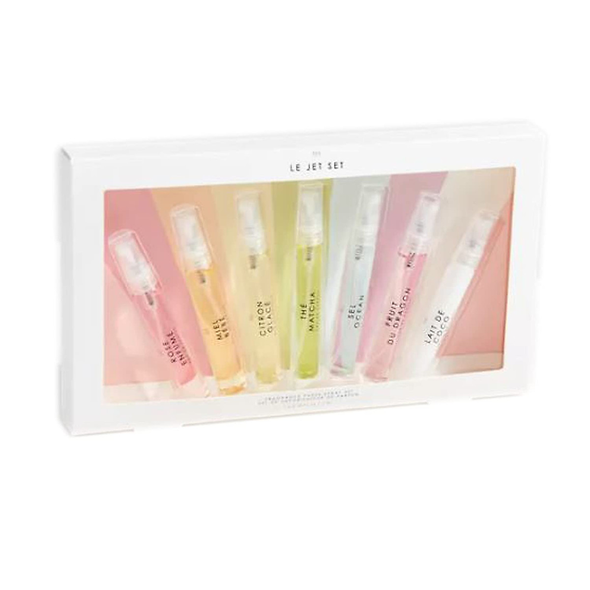 Gourmand Eau De Parfum Le Jet Set! 7 Scents Citron Glace, Fruit du Dragon, Lait de Coco, Miel Bebe, Rose Enfume, Sel Ocean & Matcha! Assorted Mini Fragrance Spray Gift Set! Vegan and cruelty Free!