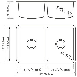 Dowell 9" Deep Undermount Double Bowl 30x19 Stainless Steel Kitchen Sink (18 Gauge, 6005 3019)