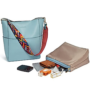 BOSTANTEN Women's Leather Designer Handbags Tote Purses Shoulder Bucket Bags Light Blue
