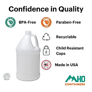 MHO Containers | 1 Gallon HDPE Plastic Jug with Reshipper Box and Child-Resistant Caps | Made in USA — Pack of 4