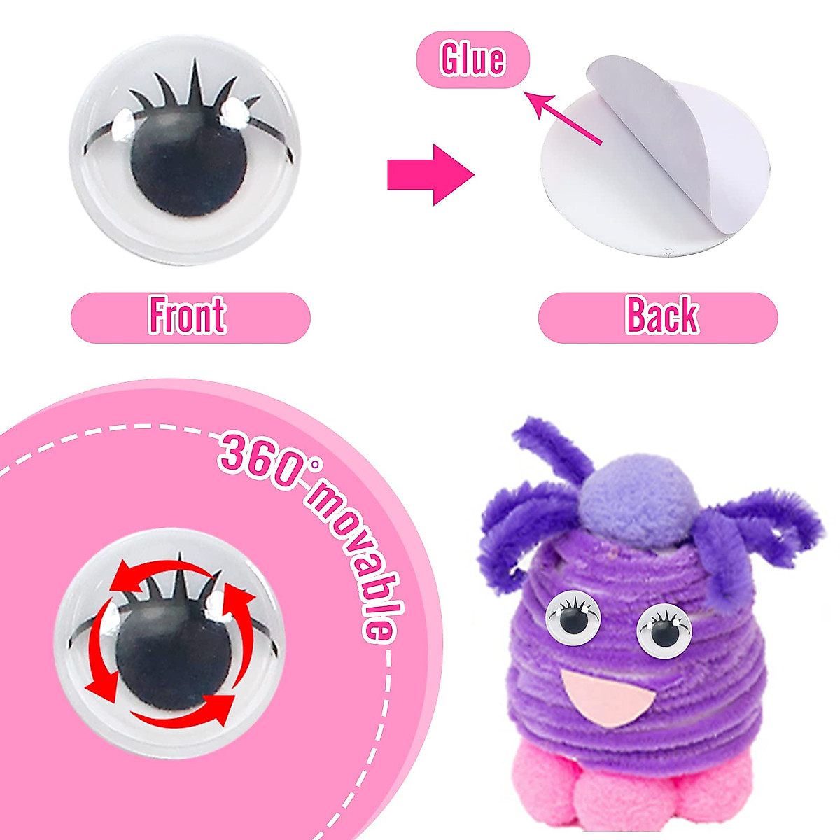 TOAOB 200pcs Black Wiggle Googly Eyes Self Adhesive with Eyelashes Round 8mm 10mm 12mm 15mm 20mm Plastic Sticker Eyes for DIY Crafts Scrapbooking Decoration