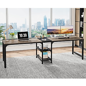Tribesigns 90.55'' 2 Person Desk with Storage Shelves, Double Computer Desk with Spacious Desktop, Extra Long Study Writing Table Workstation for Home Office (Black & Gray)