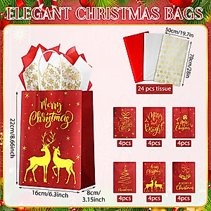 Christmas Gift Bags 24 Pcs, Red Glitter Christmas Bags for Gifts with Tissue Paper, 6 Styles Red and Gold Foil Paper Goodie Bags with Handles, Bulk Xmas Holiday Reusable Party Favor Treat Gift Bags