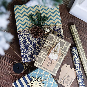 RUSPEPA Reversible Kraft Wrapping Paper Sheet - Navy Geometric Design Kraft Paper - 6 Sheets Packed as 1 roll - 17.5 x 30 inches per Sheet