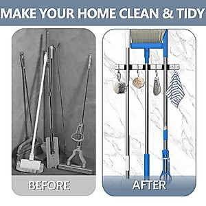 3-H 2 Pack Broom Hanger Wall Mount,Broom Holder Stainless Steel,Broom Holder Wall Mount Self Adhesive,Broom Organizer Storage Tool Racks for Home Kitchen Garden Laundry Garage(Silver)