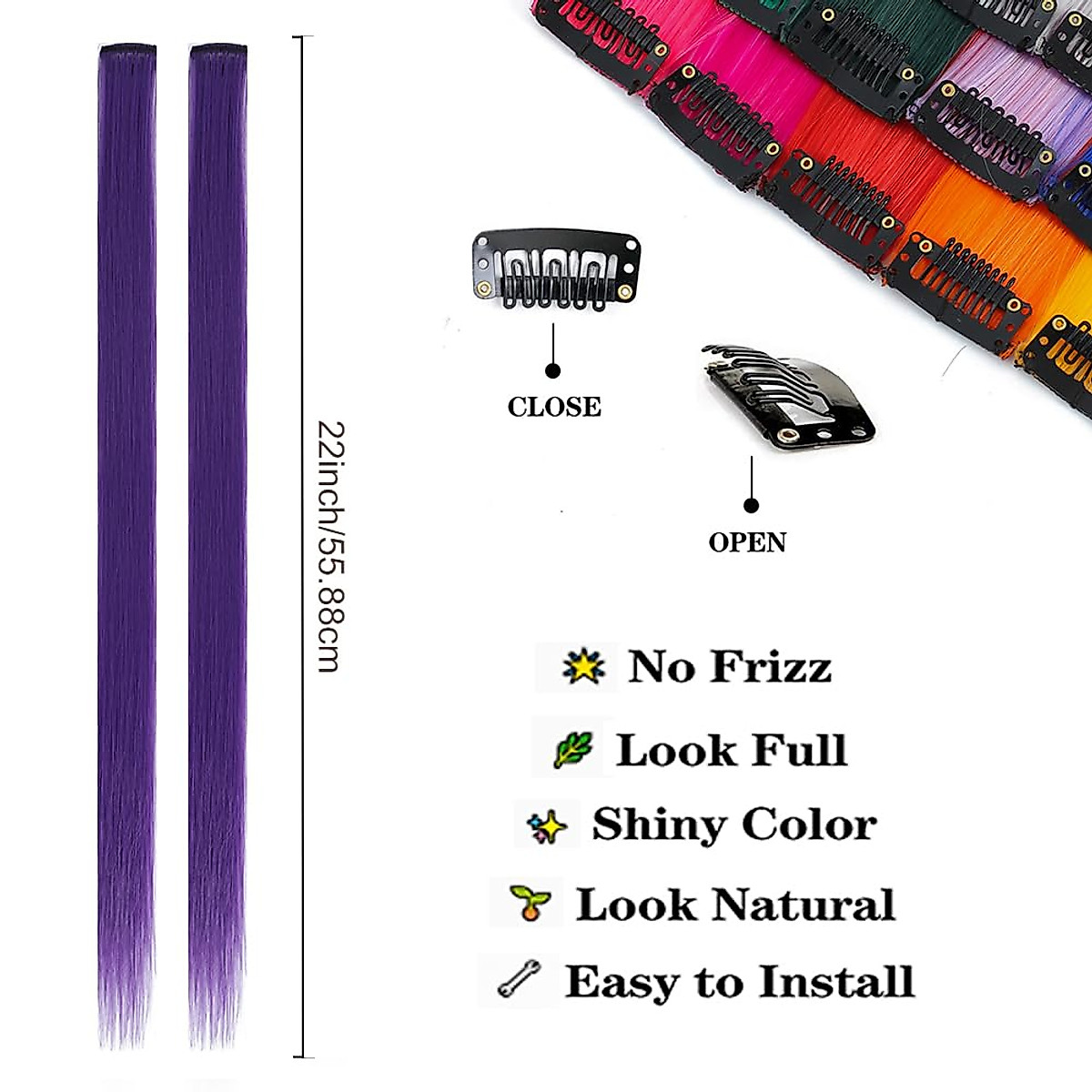 Dark Purple Colored Hair Extensions Sleekcute, Clip in Straight Synthetic Hairpieces 22 Inch, Party Highlights Colorful Hair Extensions for Kids, Women & Girls (Dark Purple)