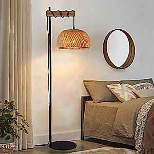 SUNLLOK Boho Rattan Floor Lamp with Foot Switch, Industrial Bamboo Semicircle Lampshade Standing Lamp, Modern Black Woven Tall Floor Light for Living Room, Kitchen Island, Bedroom, Office Restaurant