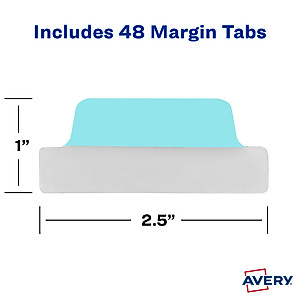 Avery Margin Ultra Tabs, 2.5" x 1", 2-Side Writable, Assorted Pastel Colors, 48 Repositionable Tabs (74867)