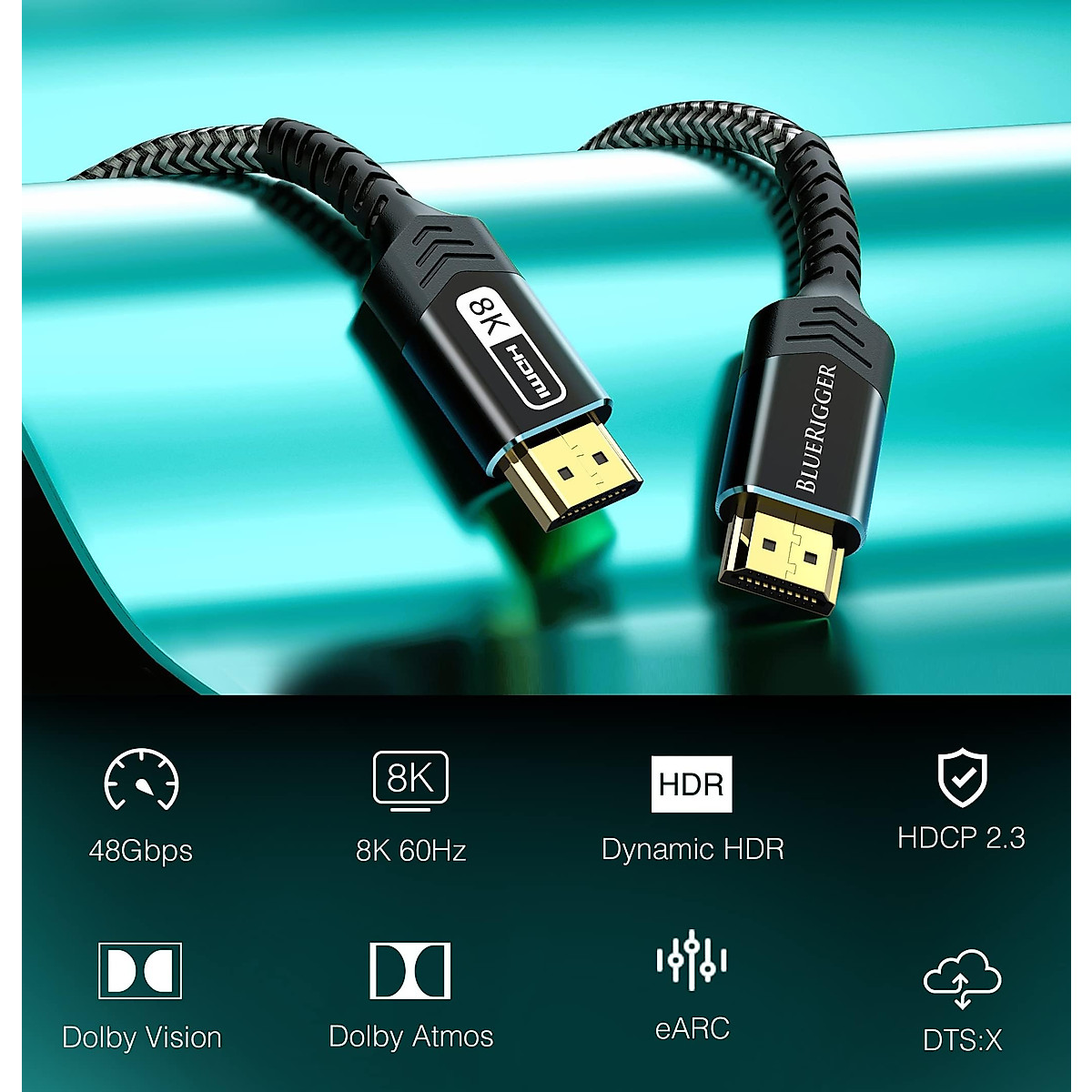 BlueRigger Certified 10K 8K HDMI Cable - 6FT (8K 60Hz Ultra HD, 48Gbps High Speed, eARC, HDR10, 4:4:4, HDCP 2.3) - Compatible with Game Consoles, HDTV, Apple TV, Monitor, Blu-Ray