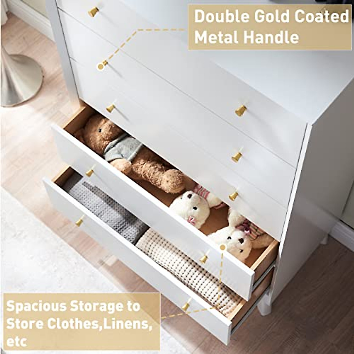 T4TREAM 5 Drawer Dresser for Bedroom, 48" Tall Mid-Century Modern Chest of Drawers, Beveled Profile Design, Wood Drawer Organizer for Bedroom, Living Room, Hallway and Entryway, Solid White