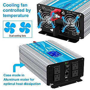 POOXTRA 2000 Watt Pure Sine Wave Inverter 12V DC to 110V AC Converer with 4 AC Outlets,1 USB Port,16.4ft Remote Control and Dual Cooling Fans-Peak 4000W