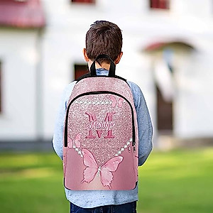 Personalized School Backpack with Name Text Pink Butterfly Diamond Custom Bookbag for Kids Boys Girls, Waterproof Elementary Customize Book Bag with Adjustable Shoulder Straps for School Travel