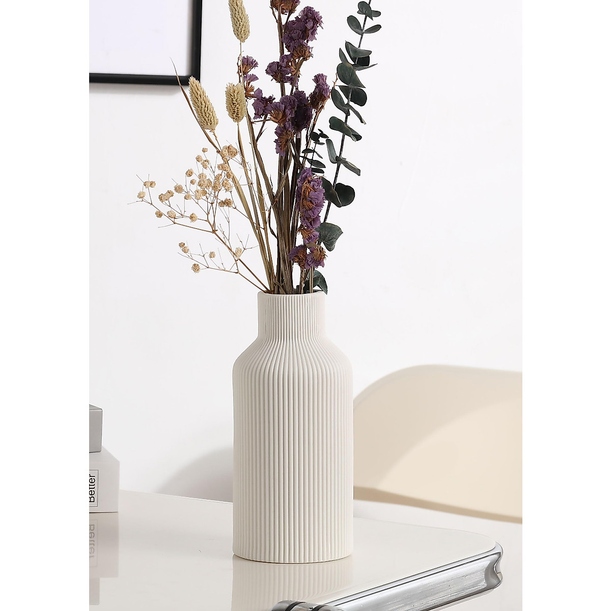 White Ceramic Flower Vase, Minimalist Modern Home Decor, Small Pampas Grass Vases for Table, Shelf Bookshelf, Mantel, Entryway and Centerpieces (8 in)