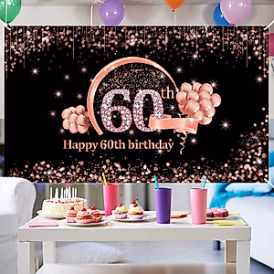 Lnlofen 60th Birthday Banner Decorations Backdrop for Women, Extra Large 60 Year Old Birthday Party Decor Supplies, Rose Gold Happy Sixty Birthday Sign Poster Photo Booth Props