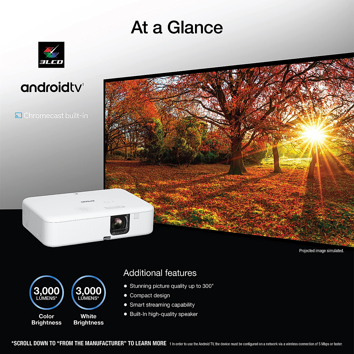 Epson EpiqVision Flex CO-FH02 Full HD 1080p Smart Streaming Portable Projector, 3-Chip 3LCD, 3,000 Lumen Color/White Brightness, Android TV, Bluetooth, 5W Speaker, Home Entertainment (Renewed)