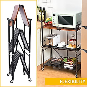 TOOLF 3-Shelf Foldable Storage Shelves with Wheels, Large Capacity Shelving Unit, Freestanding Metal Wire Shelf Rack, Organizer Rack for Garage Kitchen, Basement, Pantry, 1 Piece, Black