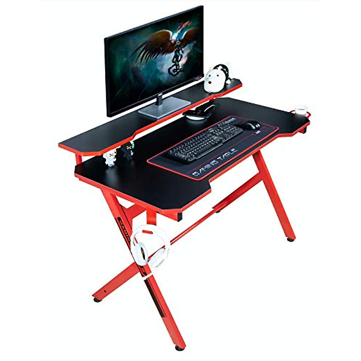 JJS 48" Home Office Gaming Computer Desk with Removable Monitor Stand, R Shaped Large Gamer Workstation PC Table with Cup Holder Headphone Hook Speaker Storage Free Mouse pad, Black/Red