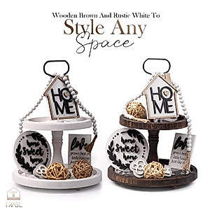 Trasl 2 Tier Serving Tray Farmhouse with 7pc Decoration Set. Kitchen Decor Rustic Serving Stand Wood Serving Tray. Coffee Table Tea Tray Tables & Cupcake Stand Decorative Tray Wooden Tray Room Decor