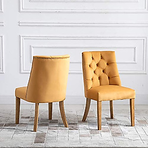 Dolonm Modern Dining Chairs Set of 2 Upholstered Button Tufted Dining Chair with Nailhead Trim Accent Wingback Velvet Wooden Chair for Dining Room Kitchen Bedroom (Orange)